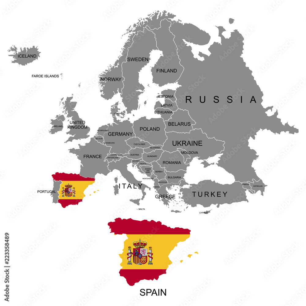 Territory of Europe continent. Spain. Separate countries with flags ...