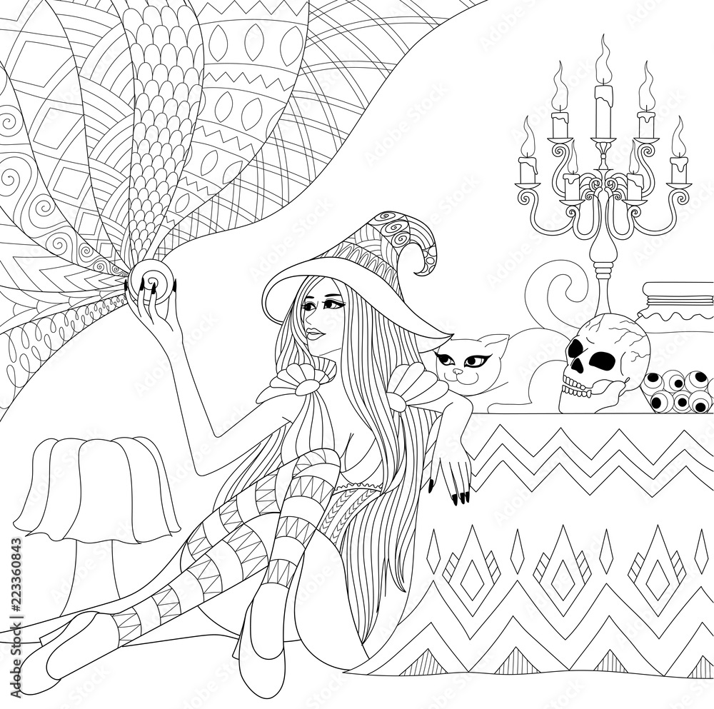 Colouring Pages. Coloring Book for adults. Halloween girl or witch with ...