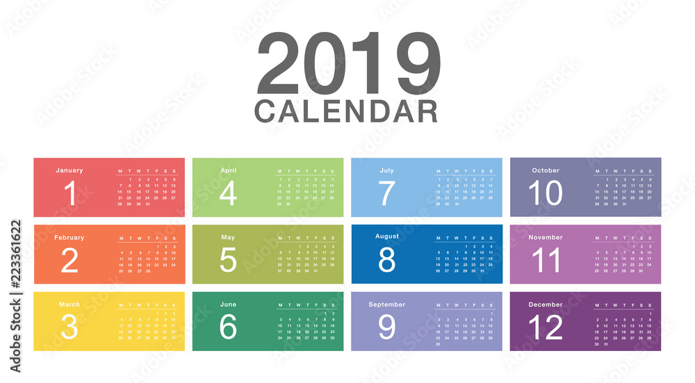 Colorful Year 2019 calendar horizontal vector design template, simple ...