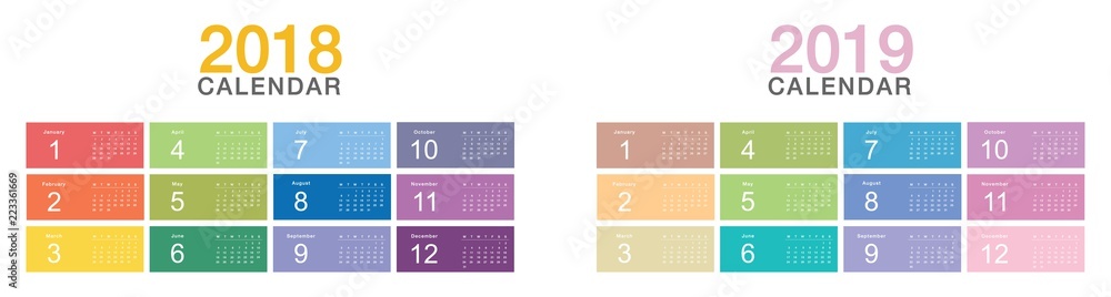 Colorful Year 2018 and Year 2019 calendar horizontal vector design ...