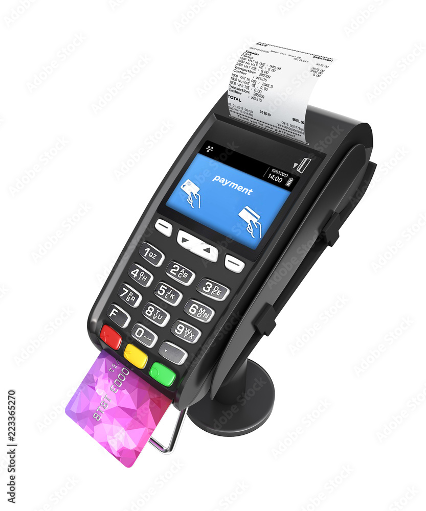 card payment terminal POS terminal with credit card and receipt isolated on white background 3d ...
