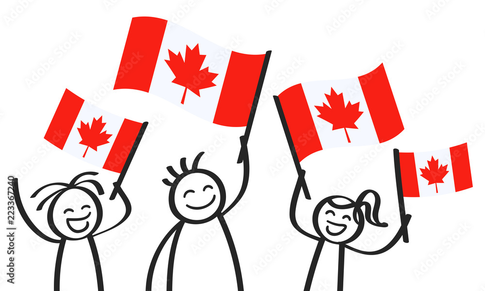 Cheering group of three happy stick figures with Canadian national ...