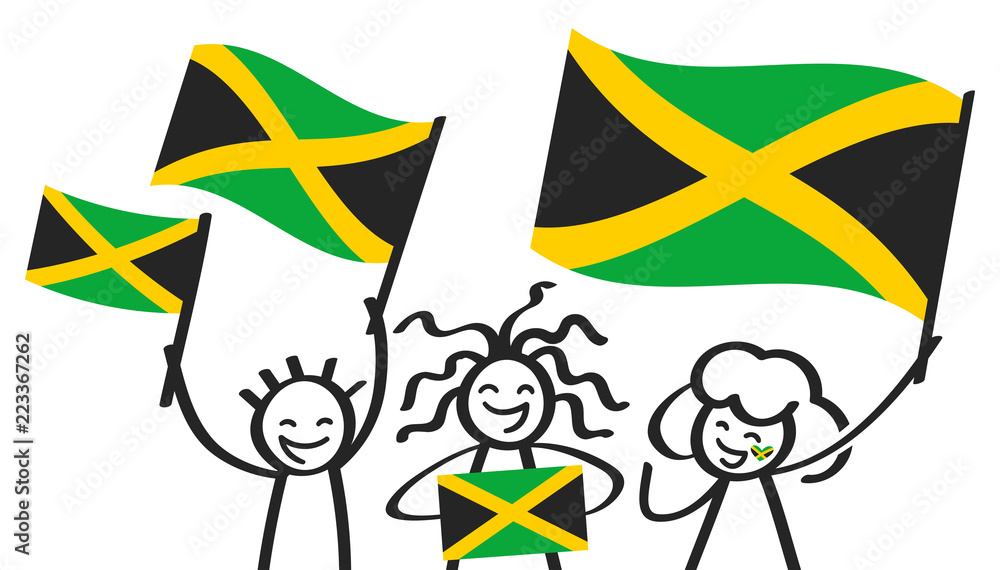 Cheering group of three happy stick figures with Jamaican national ...