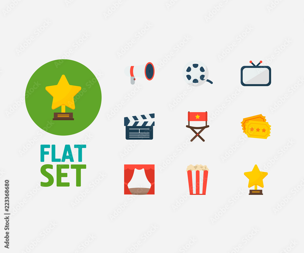 Video icons set. Theater curtain and video icons with popcorn, cinema ...