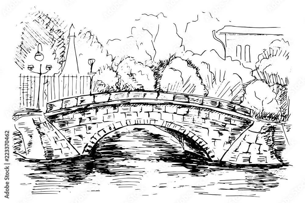 Old brick bridge across the river and park landscape. Hand drawn black ...