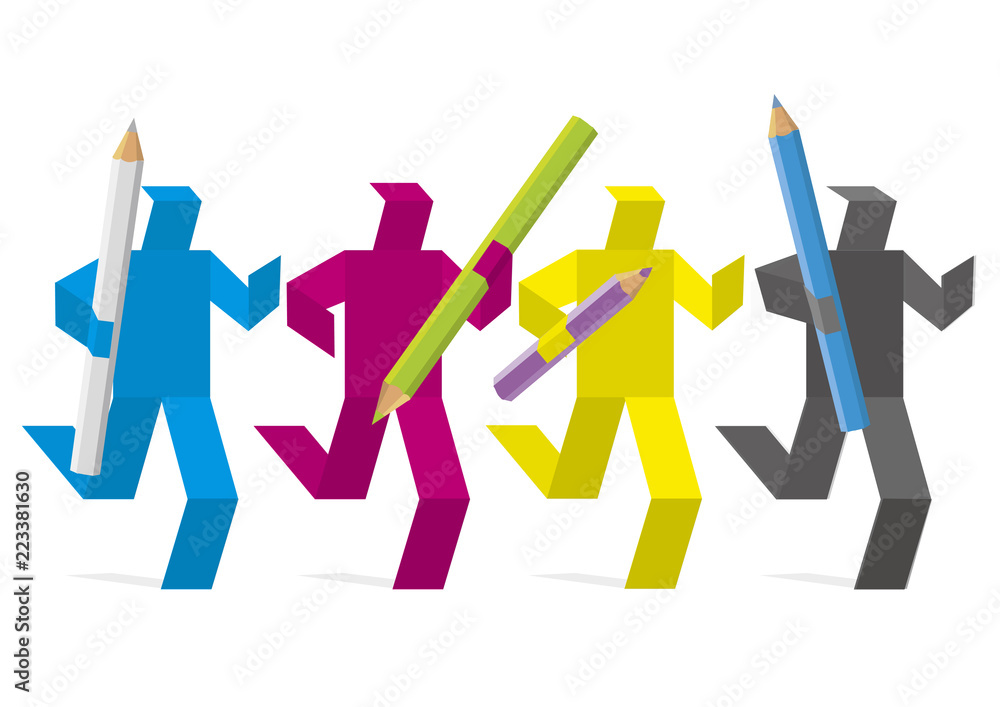 Paper figures colored in print colors, design teamwork concept. Four ...
