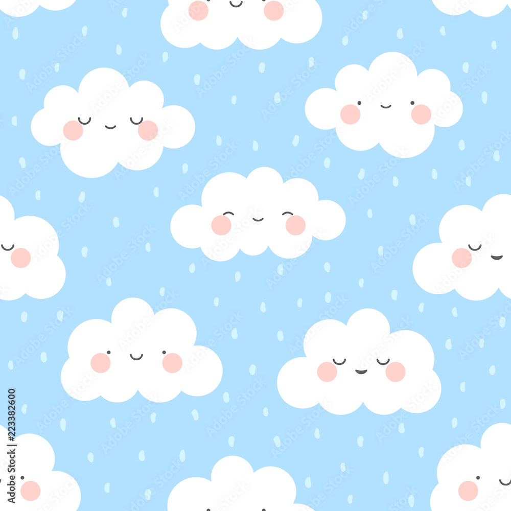 Cute Cartoon Face Cloud Seamless Pattern Background with Dot, Vector ...