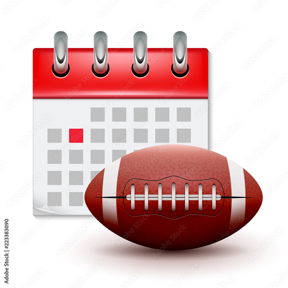 Sport calendar and football realistic foot ball. Month date schedule ...