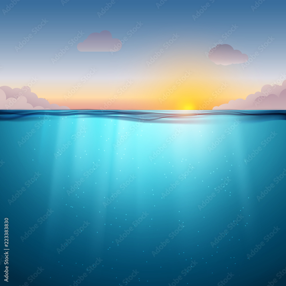 Underwater ocean surface. Blue water background and sunset. Clean ...