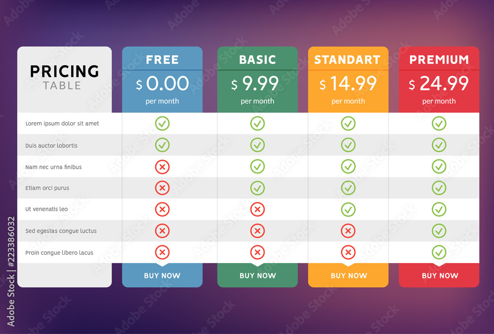 Pricing table design for business. Price plan web hosting or service ...