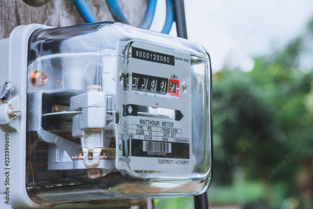 Electric power meter measuring power usage. Watt hour electric meter ...