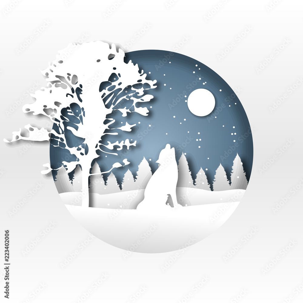 Paper art. Origami. The wolf in the winter forest. New Year. Christmas ...