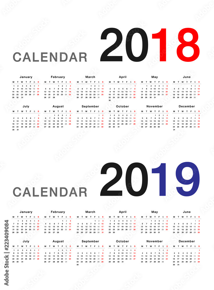 Year 2018 and Year 2019 calendar vector design template, simple and ...