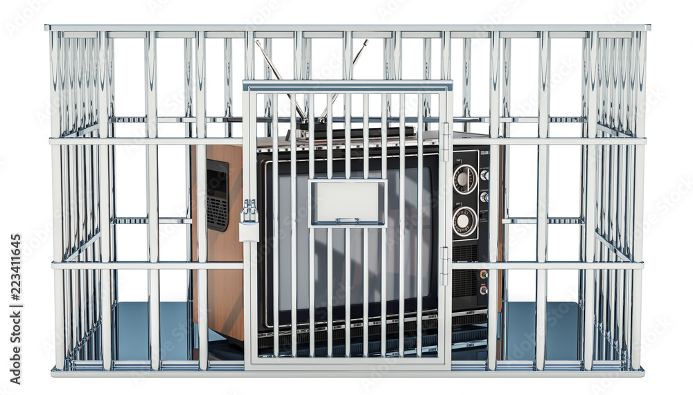 TV set inside cage, prison cell. Freedom of Information, prohibition ...