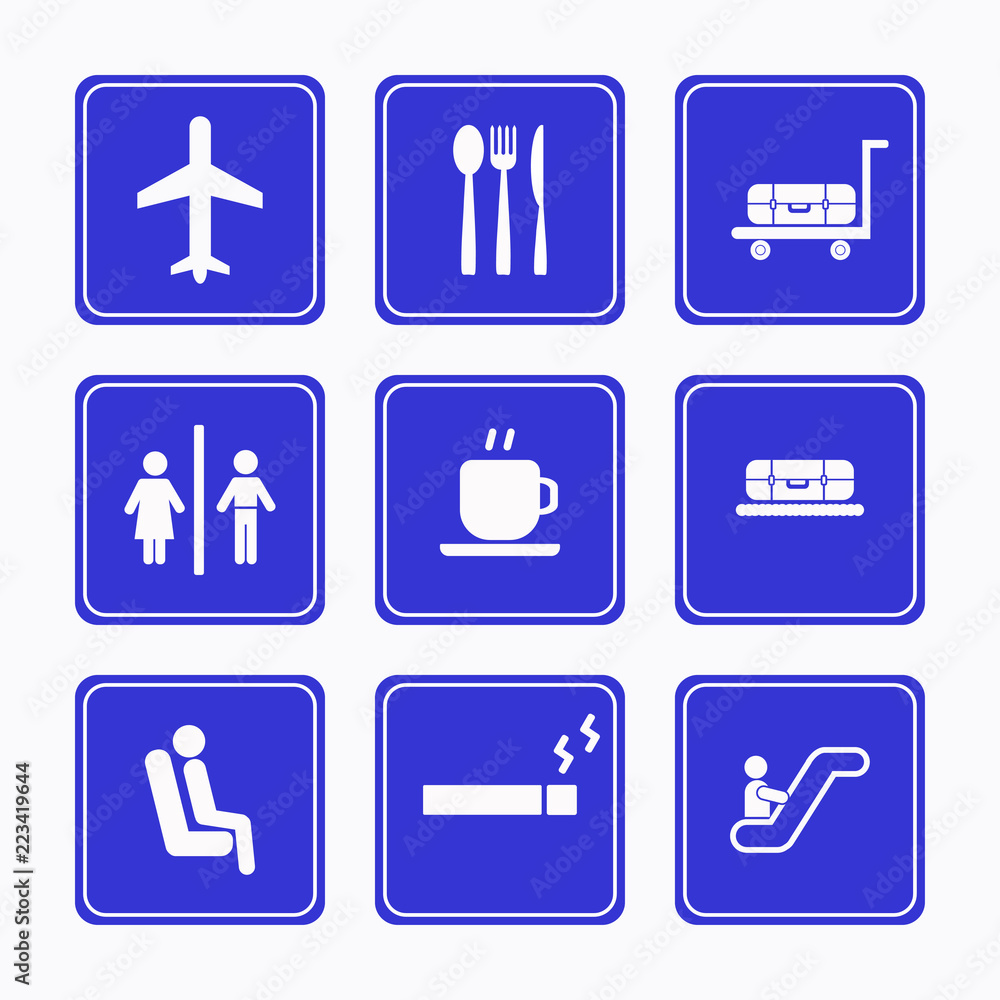 Set of icon airport with custom control transit zone boarding checking ...
