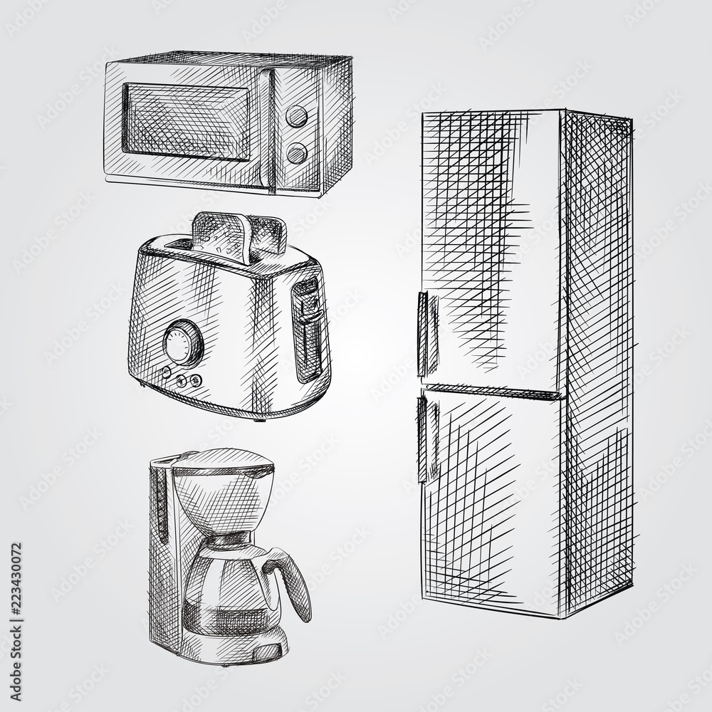 Hand Drawn kitchen appliances Sketches Set. Collection Of Microwave ...