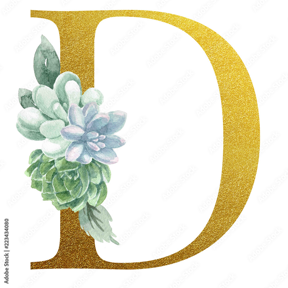 Watercolor Monogram Alphabet Letter D Gold Foil Stock Illustration ...