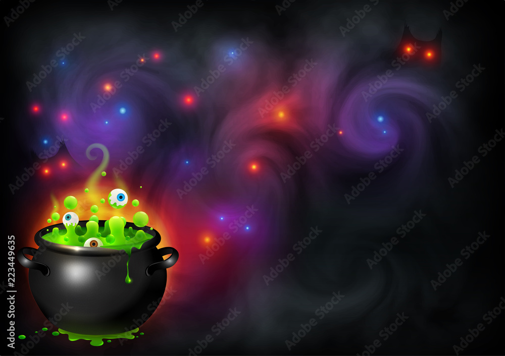 Bowling witch's brew with eyes on magic fog backdrop. Vector halloween ...