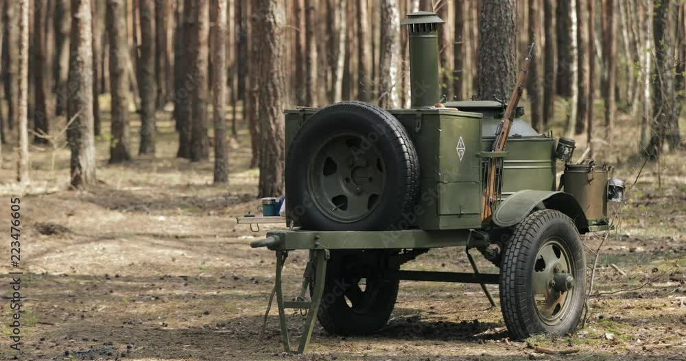 Russian Soviet World War II Field Kitchen In Forest. WWII Equipment Of ...