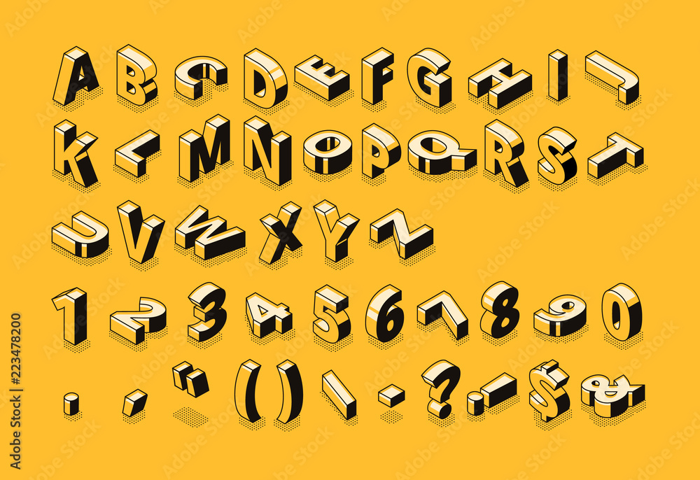 Isometric line font and halftone alphabet letters vector illustration ...