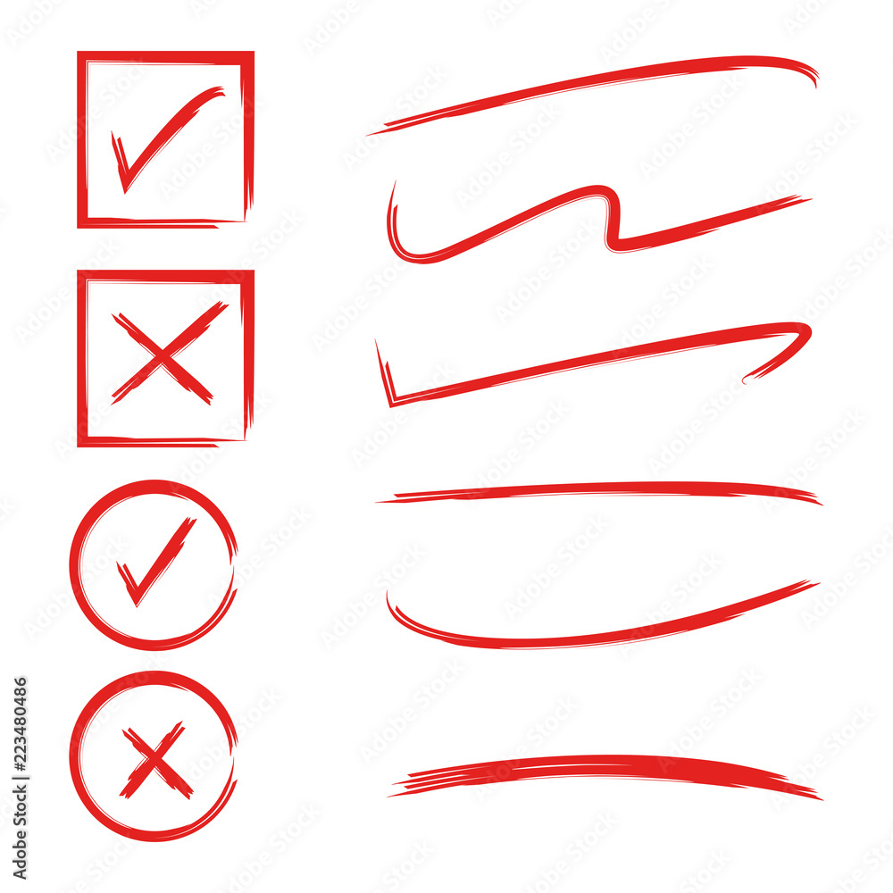 red hand drawn check marks, underlines and marker elements Stock Vector ...