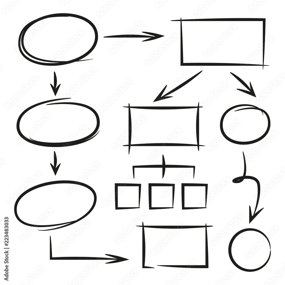 hand drawn arrows, circle and rectangle for flowchart diagram Stock ...