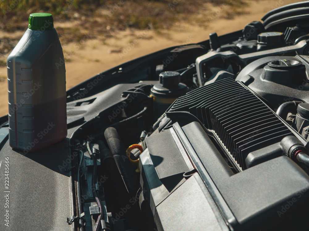 View of powerful car gasoline Internal combustion engine with many ...