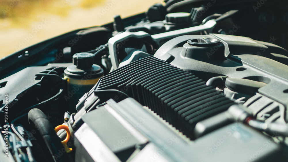 View of powerful car gasoline Internal combustion engine with many ...