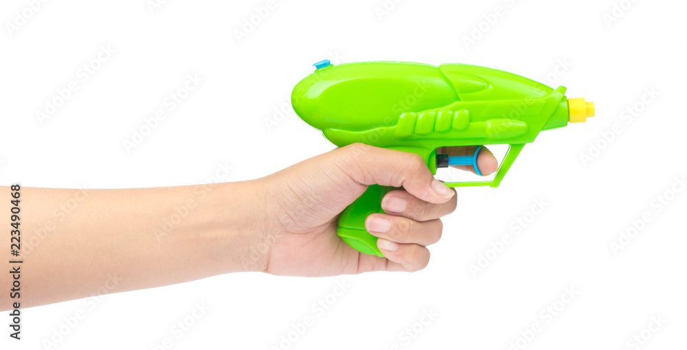 hand holding toy Plastic water gun isolated on white background Stock ...