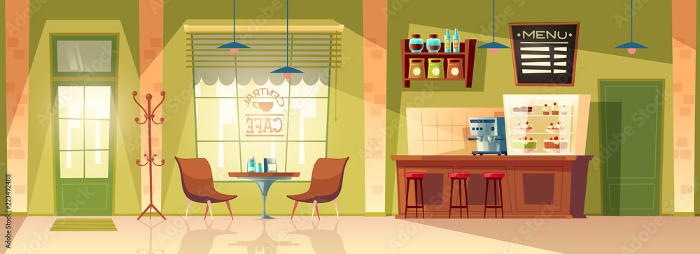 Vector cartoon cafe room - cozy interior with coffee machine, table ...