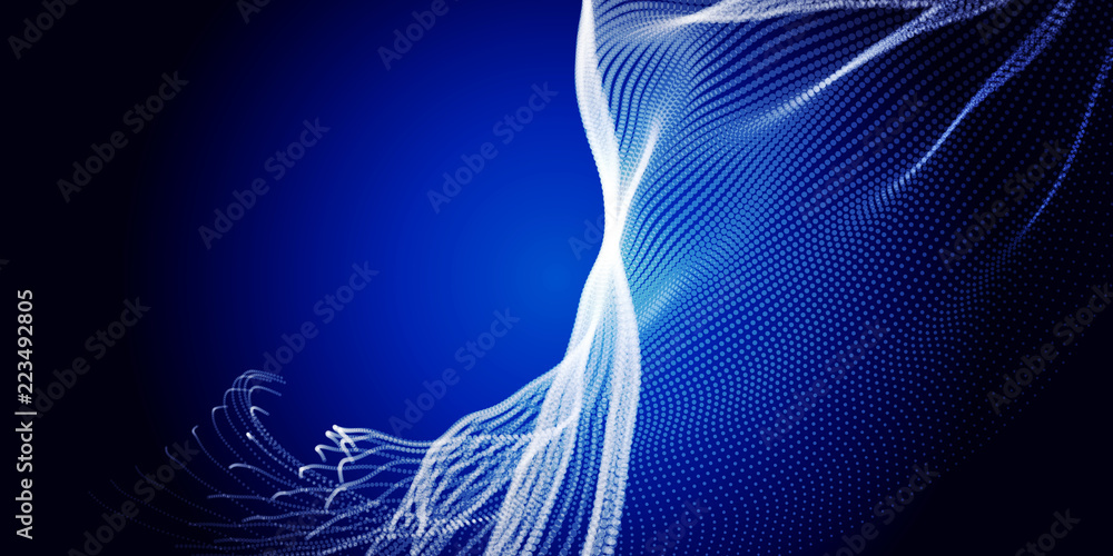 Abstract particle flow in twisty lines with shadow in dark. Futuristic ...