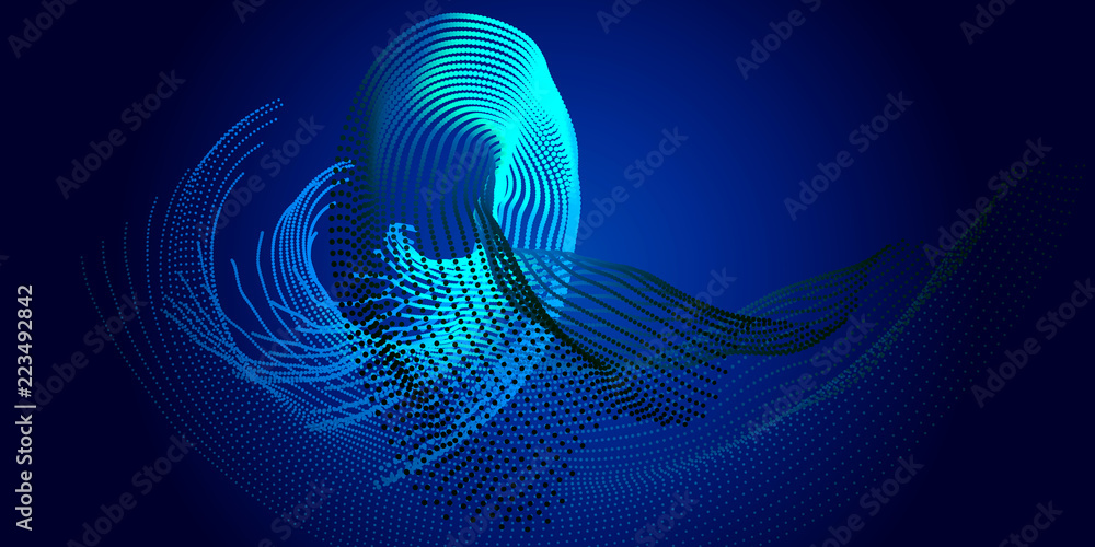 Abstract particle flow in twisty lines with shadow in dark. Futuristic ...