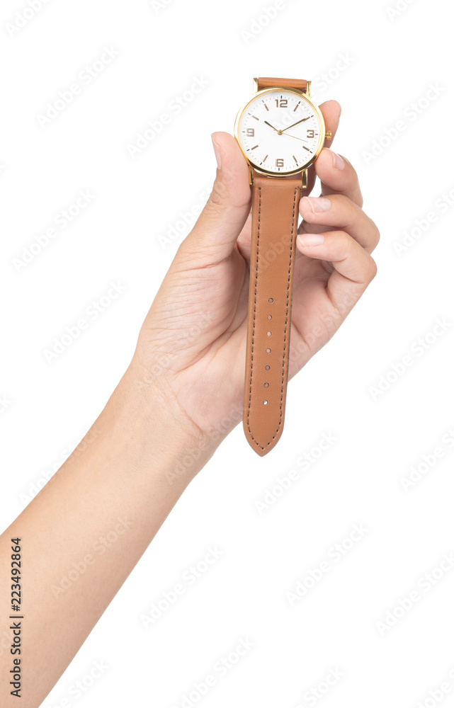 hand holding wristwatch with leather strap isolated on white background ...