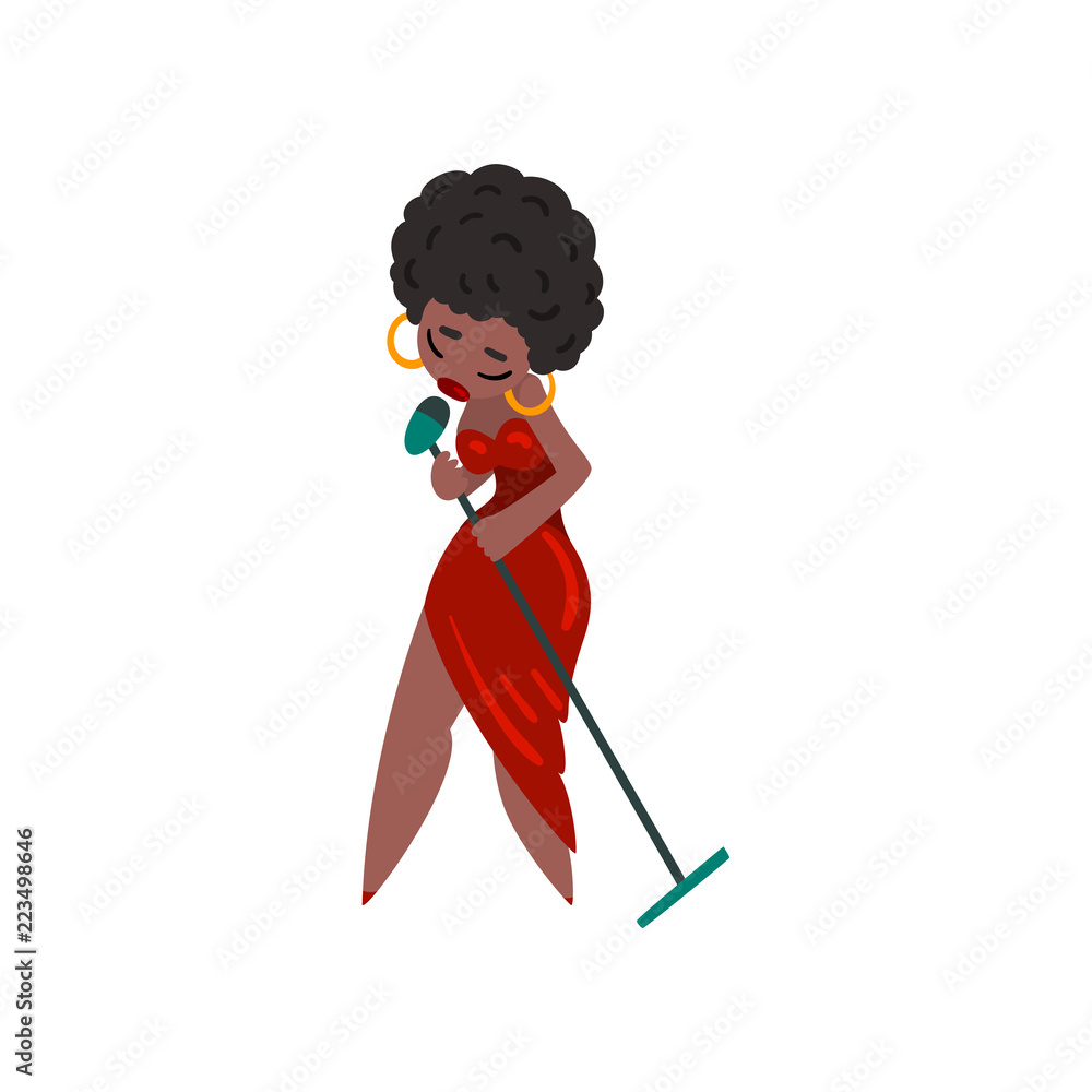 Black woman in red dress singing with microphone, African American ...