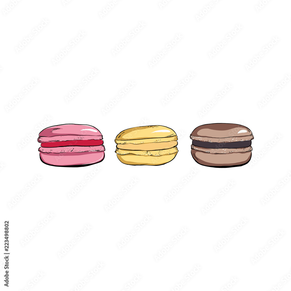Set of colorful cartoon macarons icon. Macaroon almond cakes isolated ...