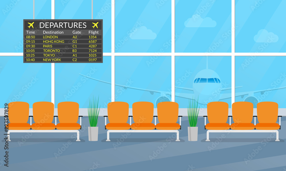 Airport Waiting Hall Departure Lounge Interior With Chairs And Airport Waiting Hall Departure Lounge Interior With Chairs And