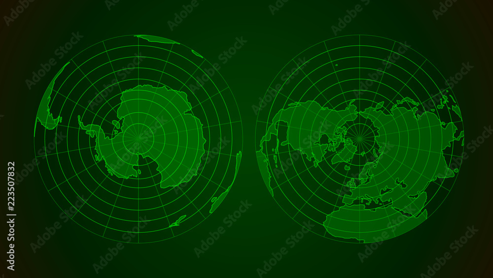 Arctic and antarctic poles globe hemispheres in military radar style ...