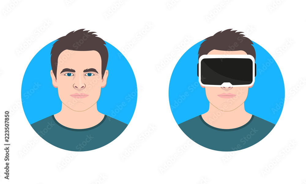 Man in a VR headset. Male avatar icon or portrait with and without ...
