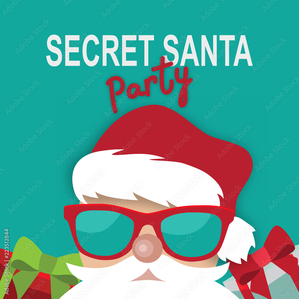 Cartoon Secret Santa party template design on a blue background Stock ...