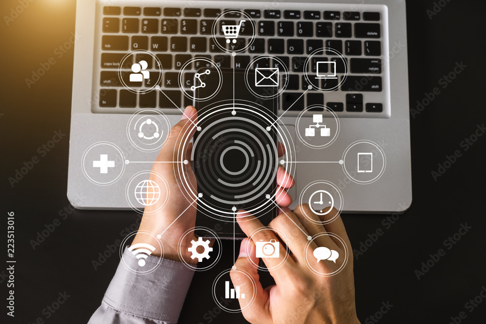 Coding software developer work with augmented reality dashboard computer icons with responsive ...