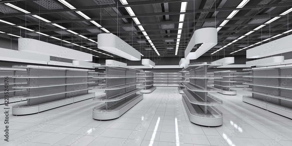 Trading hall with empty shop windows and toppers. 3d illustration Stock ...