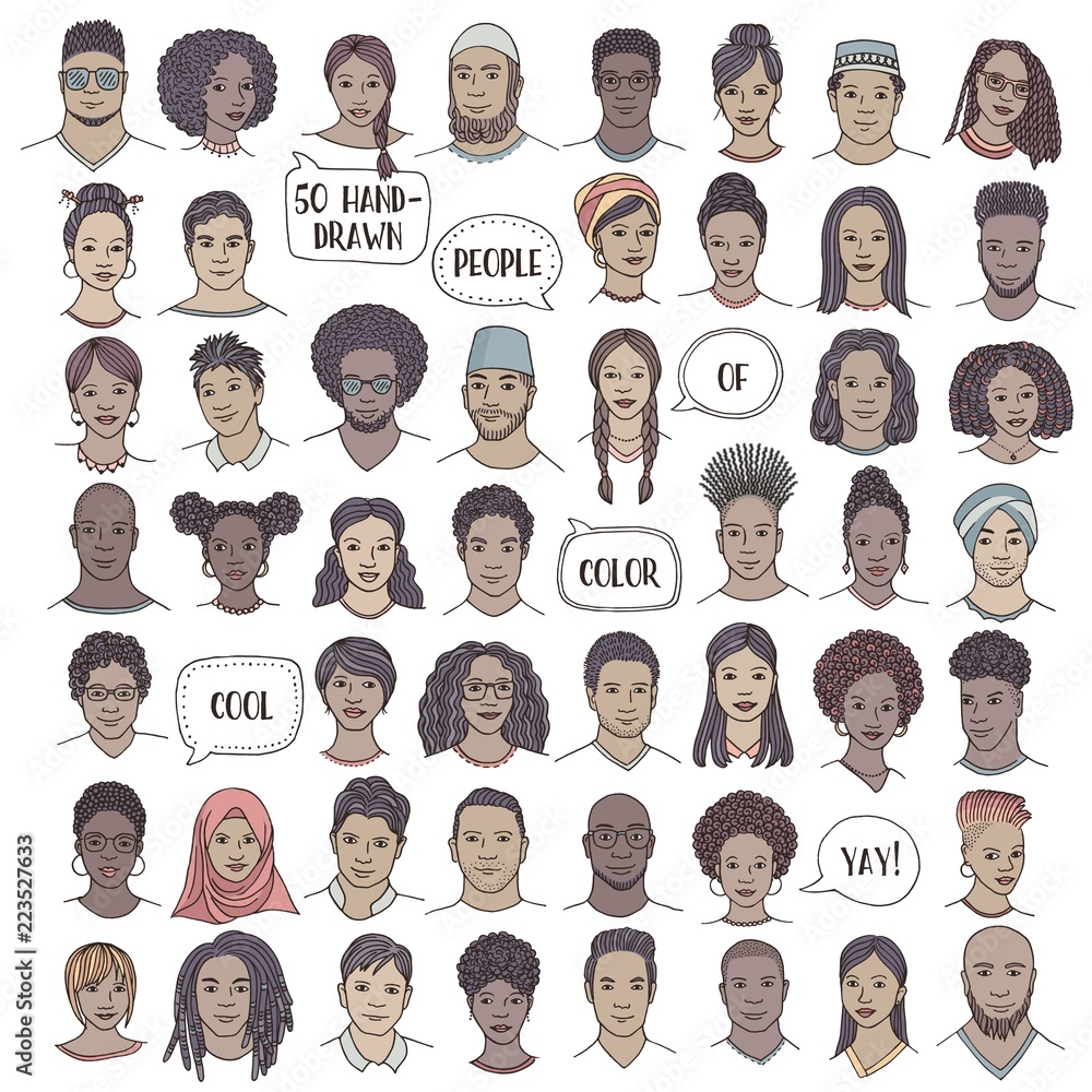 Set of fifty hand drawn diverse faces, colorful portraits of people of ...