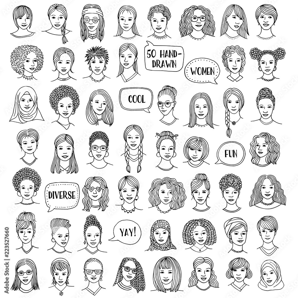 Set of fifty hand drawn female faces, diverse portraits of women of ...
