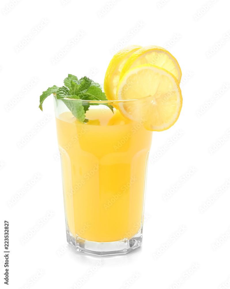 Glass of fresh lemon juice and mint on white background Stock Photo ...
