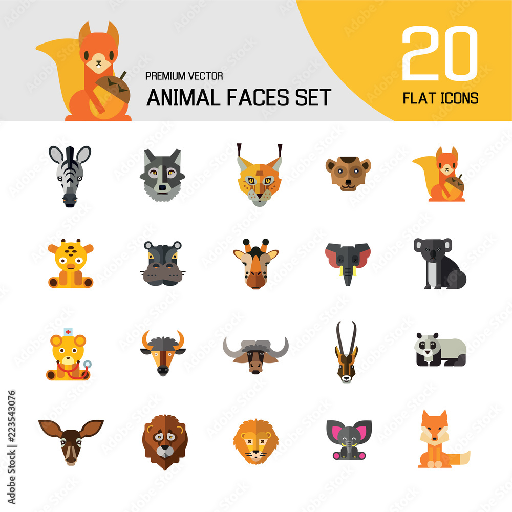 Animal Faces Icon Set. Lion Zebra Hippo Giraffe Wolf Elephant Antelope ...