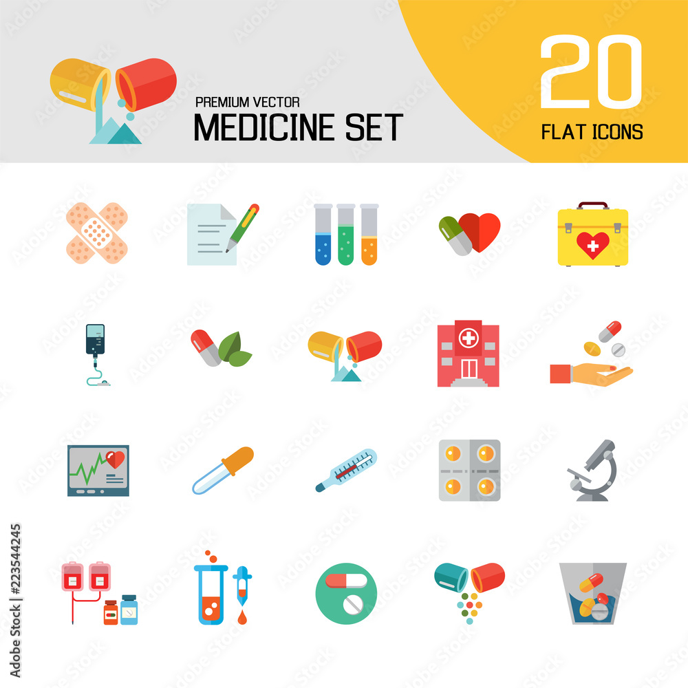 Medicine icon set. Capsule, pill, syringe, scalpel, microscope ...