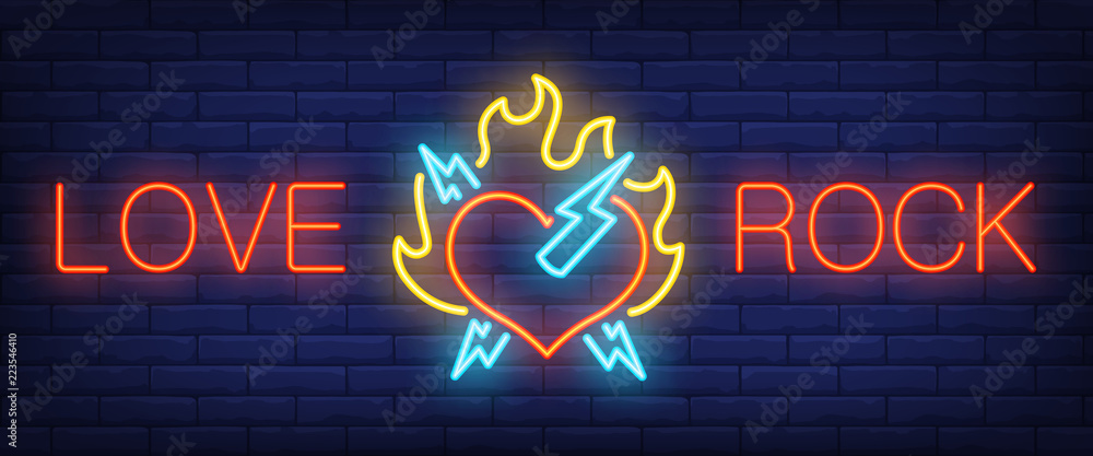 Love, rock neon text with heart on fire and lightning. Rock music and ...