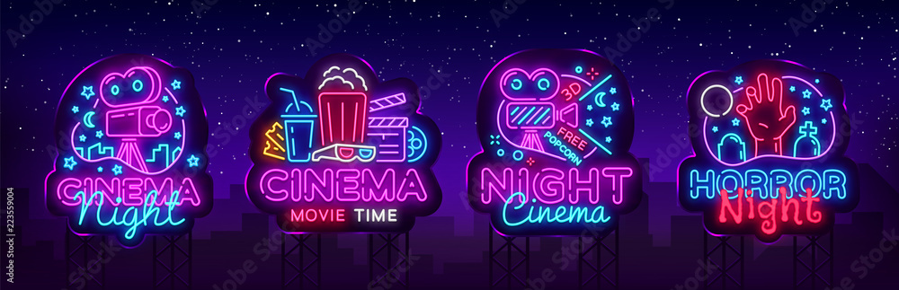 Cinema night set neon sing, label and logo. Cinema banner Design ...