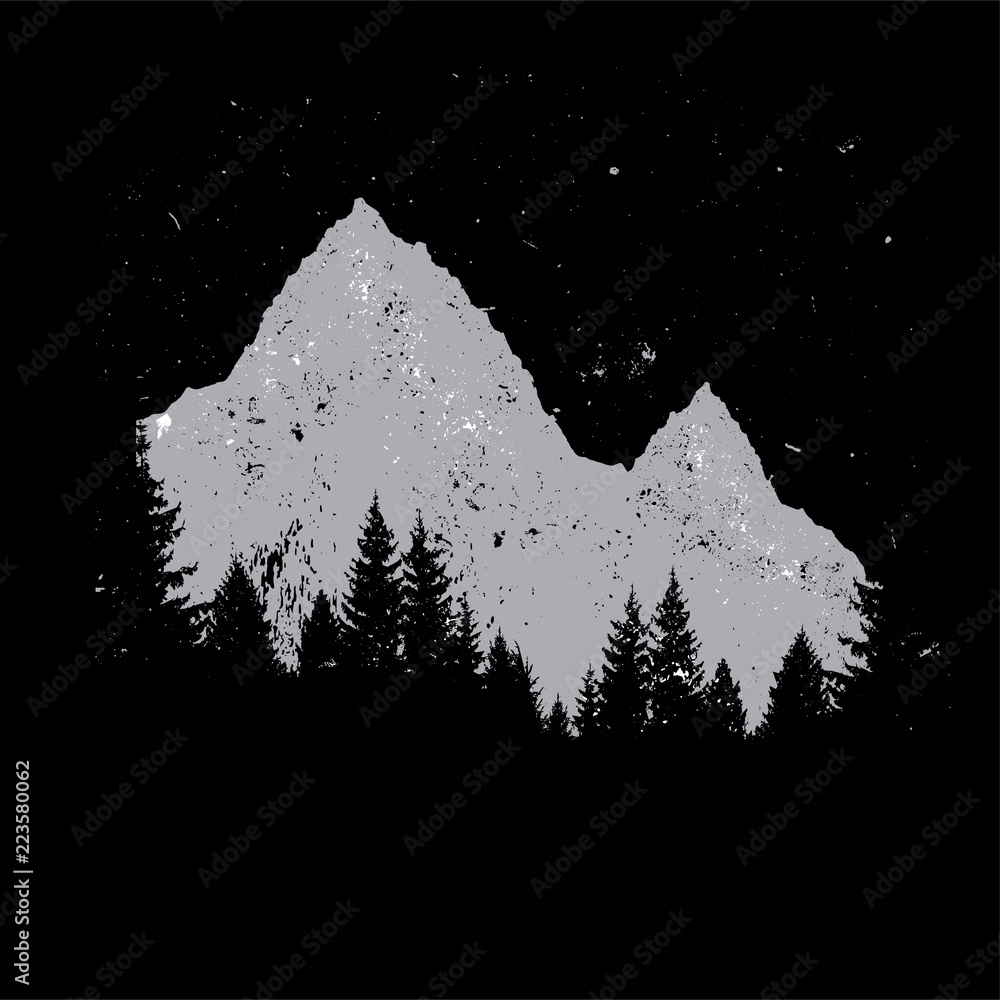 Distressed Grunge Mountain Landscape Vector Pine Trees Isolated Stock ...