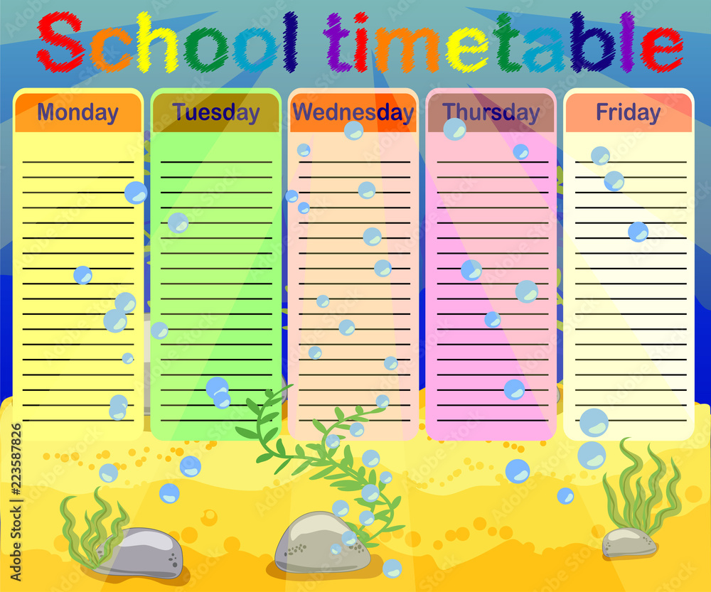 Design of the school timetable for kids. Bright underwater background ...